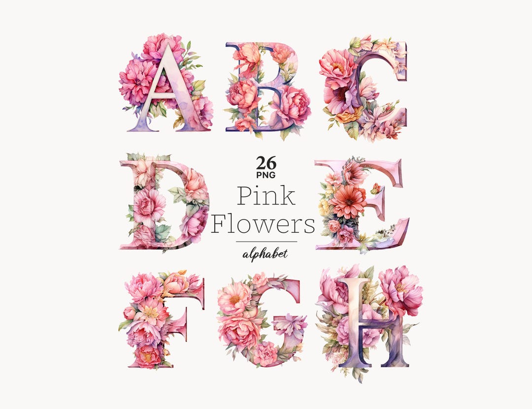 Pink Peonies Floral Alphabet Letters: Pink Flowers Font PNG Clipart ...