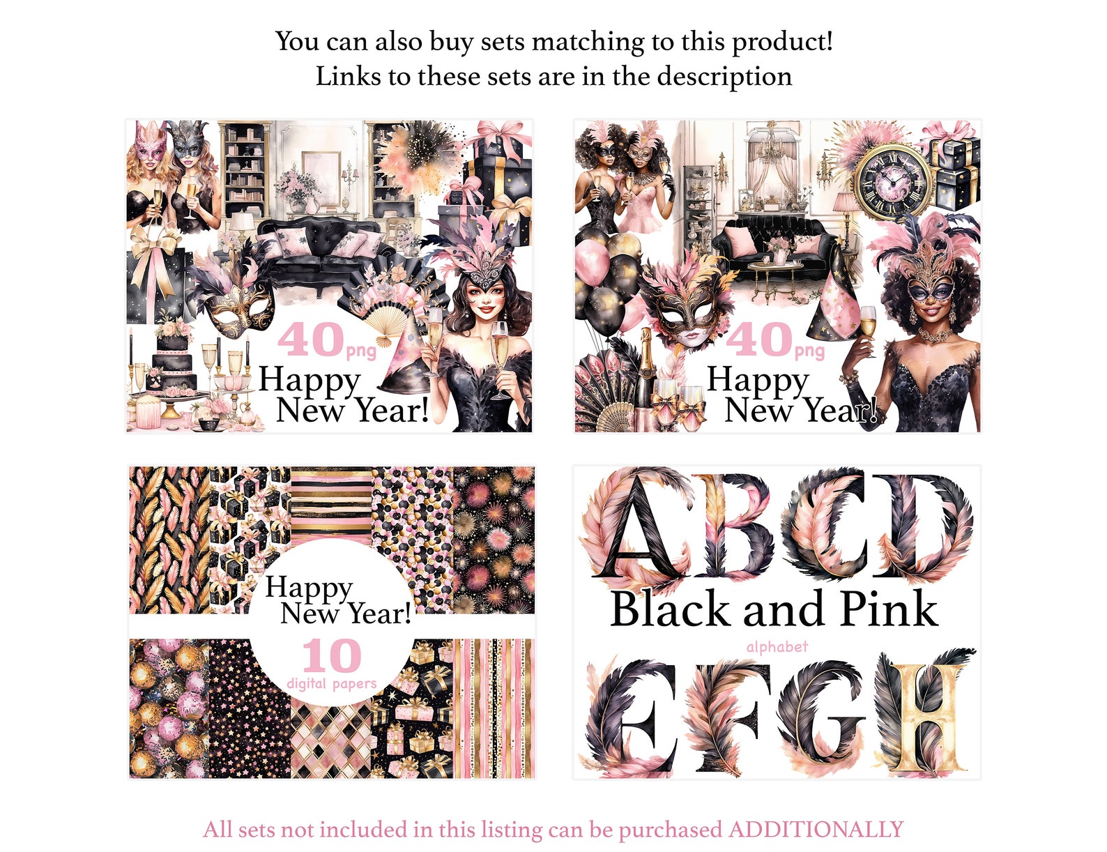 Black & Pink New Year Digital Paper: Seamless Party Patterns (JPEG) - Etsy
