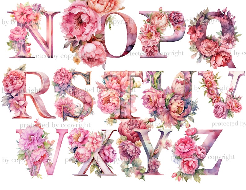 Pink Peonies Floral Alphabet Letters: Pink Flowers Font PNG Clipart ...