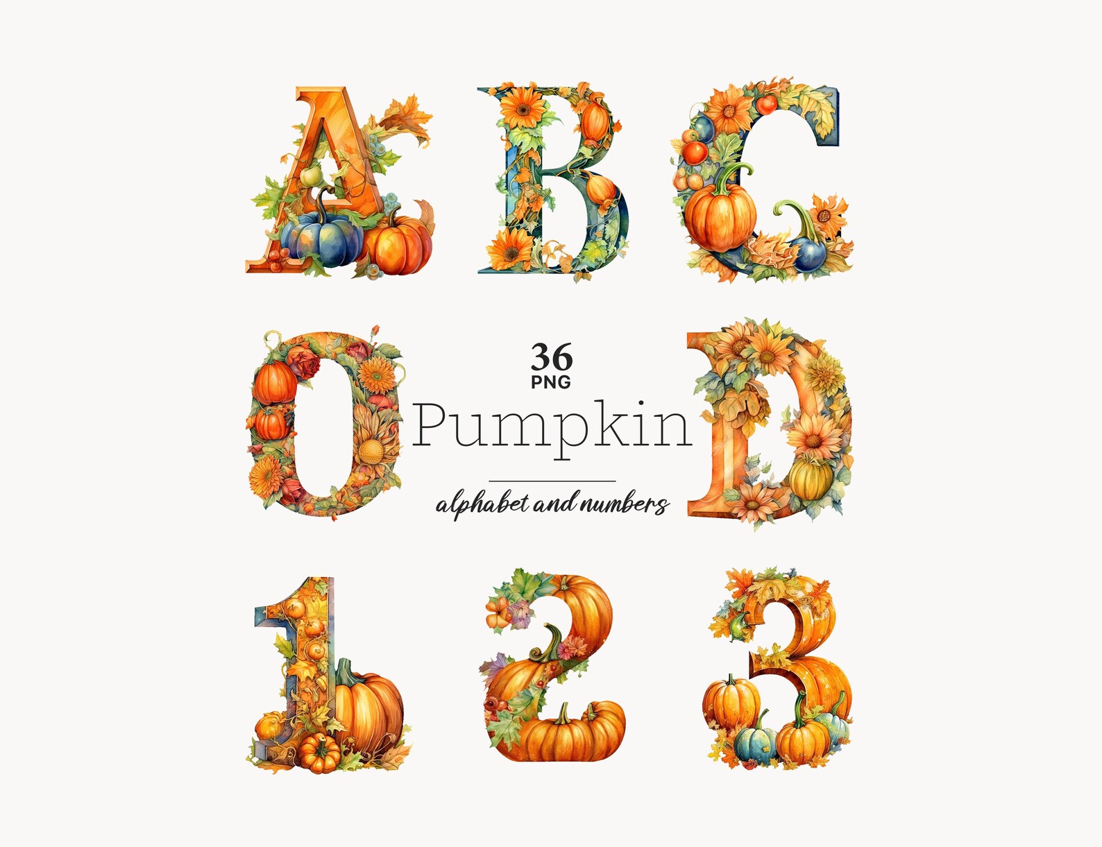 Pumpkin Floral Alphabet Clipart: Watercolor Letters (PNG, Digital ...