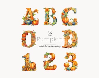 Watercolor Fall Alphabet Clipart: Floral Pumpkin Letters (PNG Digital ...