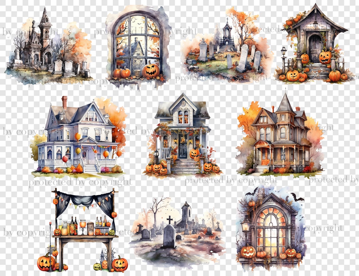 Haunted House Scene Clipart Trick or Treat Clipart Halloween - Etsy