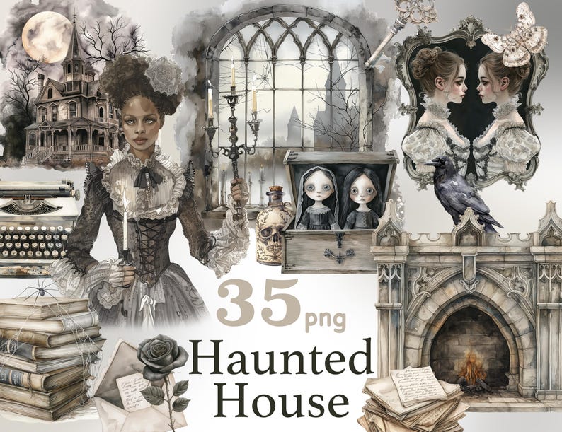 Creepy Haunted House Clipart: Gothic Witch & Vampire PNG (digital ...