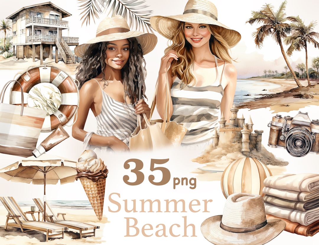 Neutral Summer Beach Clipart: Girls, Ocean, Sandcastles (35 PNG) - Etsy