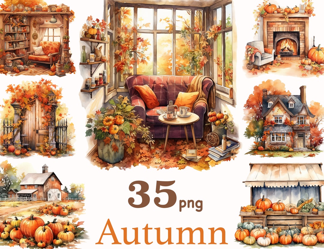 Autumn Scenes Clipart, Cozy Fall Clipart Set, Autumn Fall Farmhouse ...