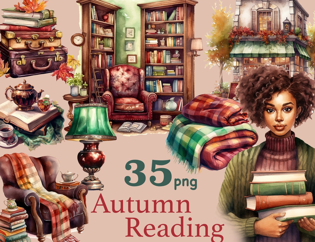 Cozy Autumn Reading Clipart, Autumn Book Clipart, Black Girl Reading ...
