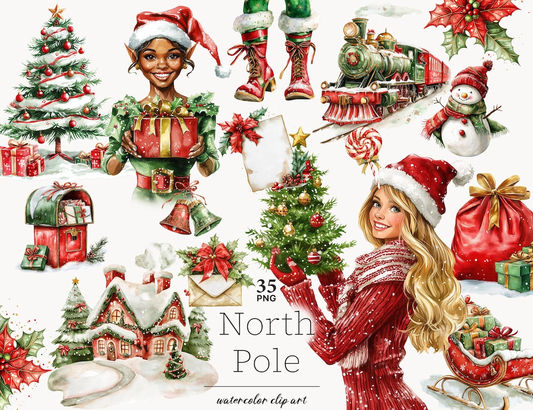 North Pole Clipart, Christmas Train Png, Red Green Gold Christmas ...