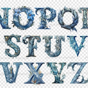 Blue Floral Alphabet Clipart: Watercolor Wedding Letters (PNG Digital ...