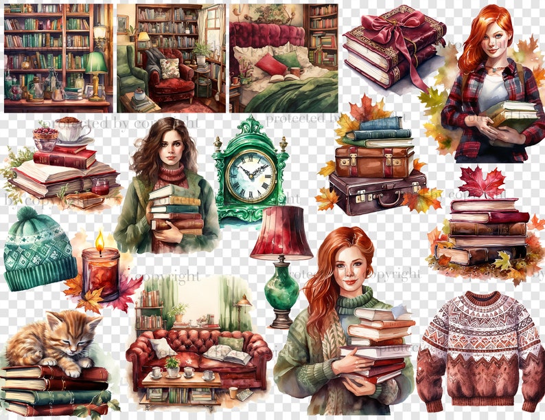 Cozy Autumn Reading Clipart Autumn Books Clip Art Png Woman - Etsy