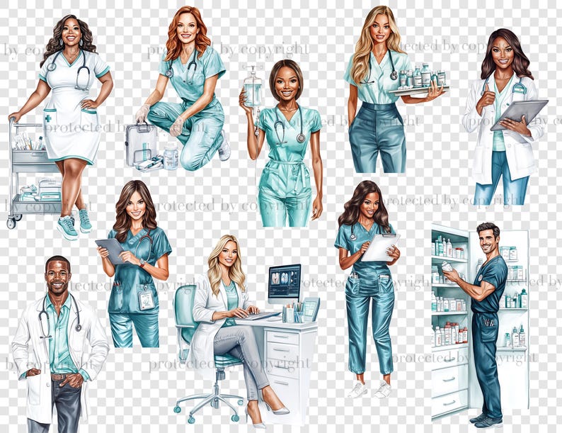 Medical Clipart Set - Nurse & Doctor PNG Illustrations With Healthcare ...