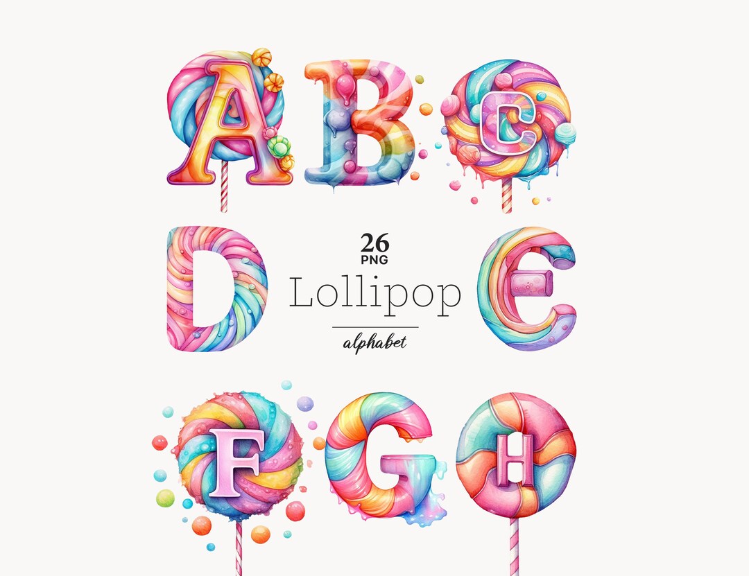 Watercolor Lollipop Alphabet Clipart: Rainbow Candy Letters (PNG Files ...