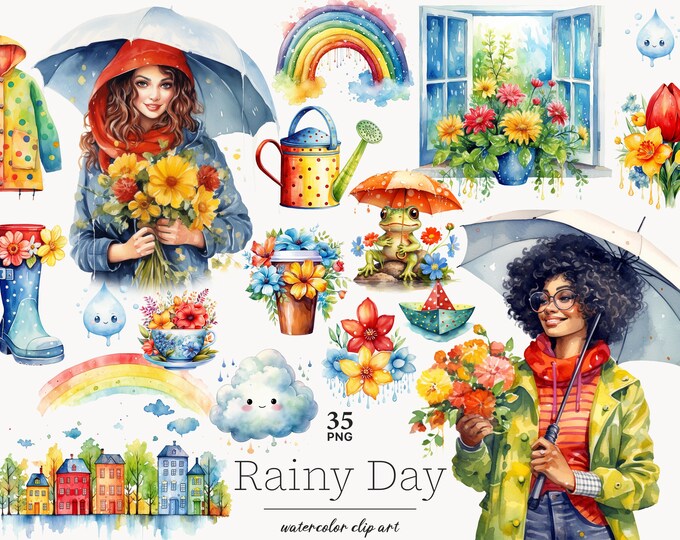 Watercolor Rainy Day Clipart Png Bundle, Spring Girl Clipart, Rain ...