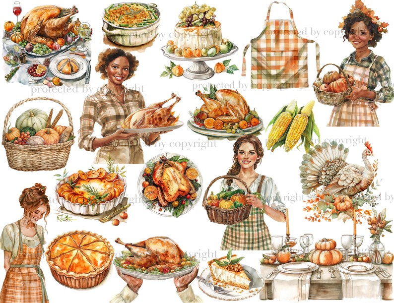 Thanksgiving Clipart Set: Autumn Dinner, Table PNG Graphics (digital ...
