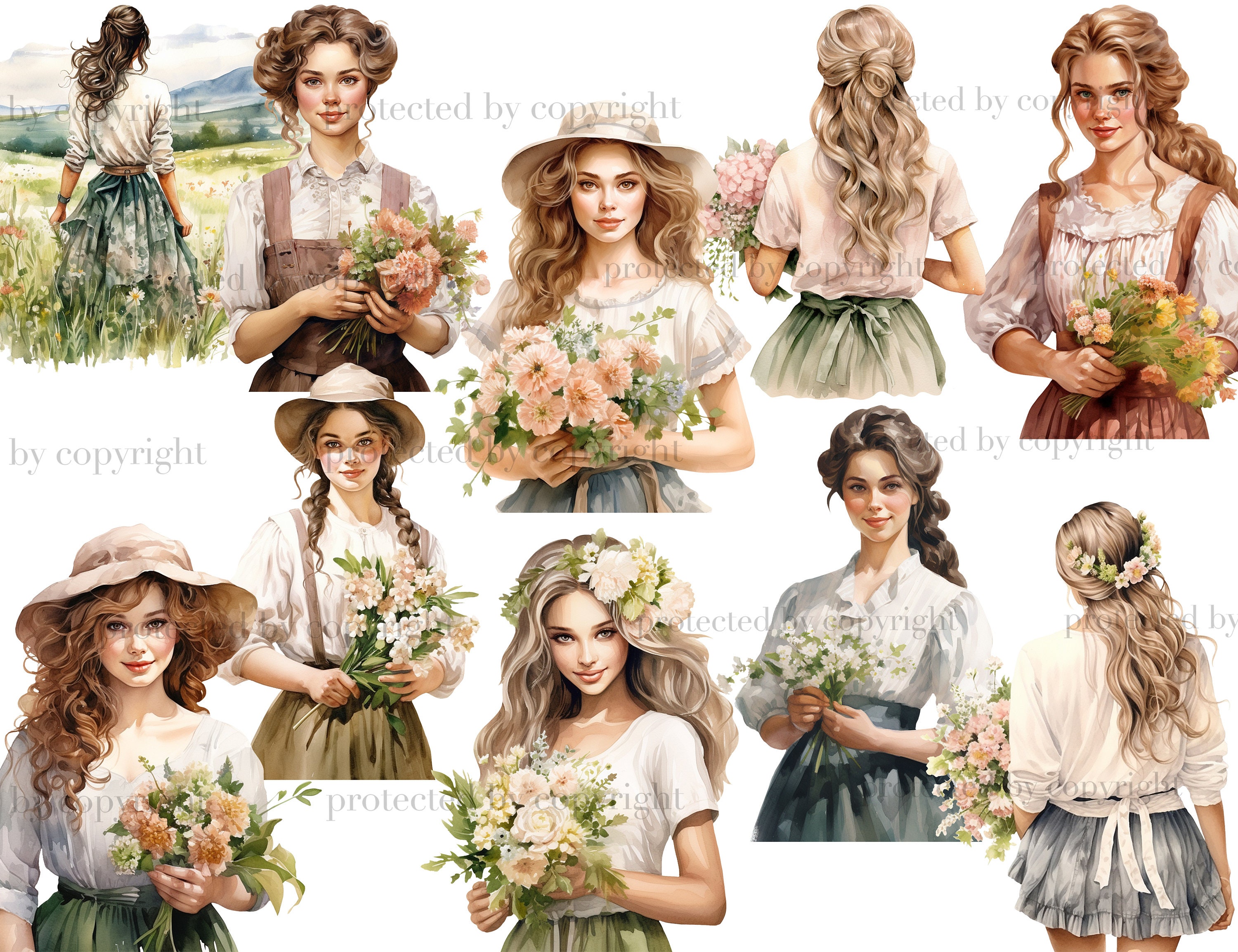 Spring Girl Clipart: Farmhouse Flowers PNG Set (digital Download) - Etsy