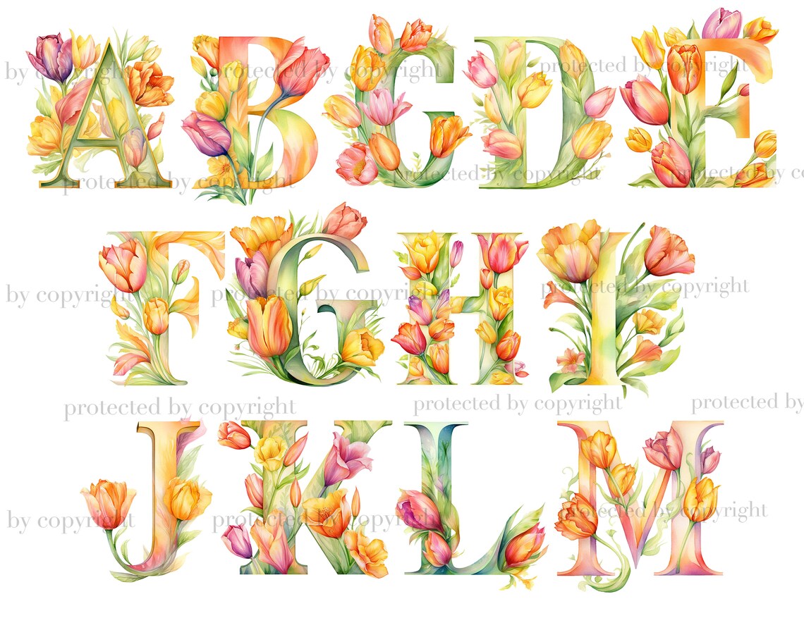 Tulips Alphabet Clipart: Spring and Summer Floral Letters PNG (digital ...