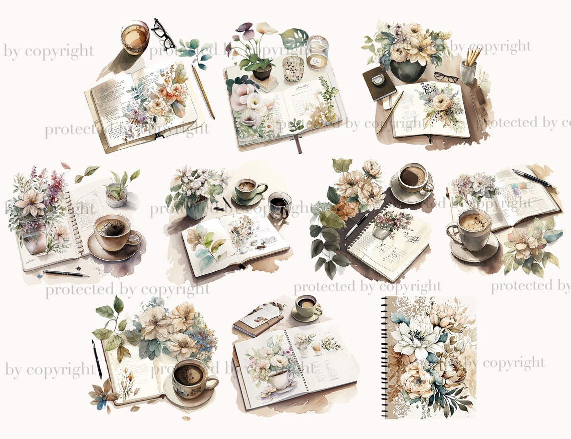 Watercolor Coffee & Planner Clipart Bundle: Neutral Journaling Scenes ...