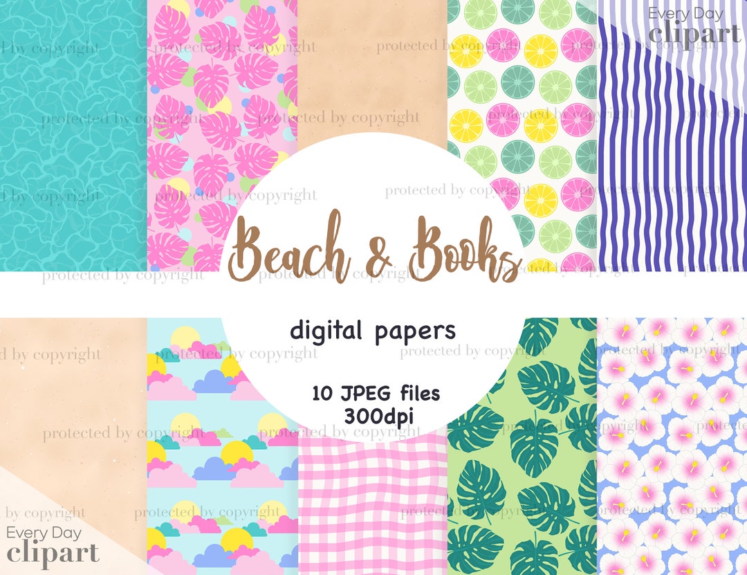 Beach and Books Digital Pattern, Summer Books Digital Paper, Monstera ...