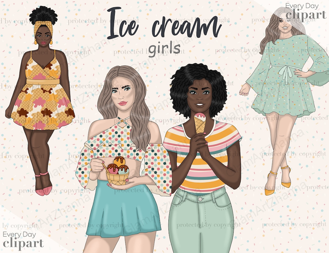 Retro Ice Cream Girl Clipart, Retro Summer Woman Clipart for Scrapbook ...
