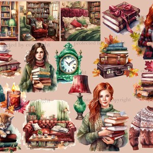 Cozy Autumn Reading Clipart, Autumn Books Clip Art Png, Woman Reading ...