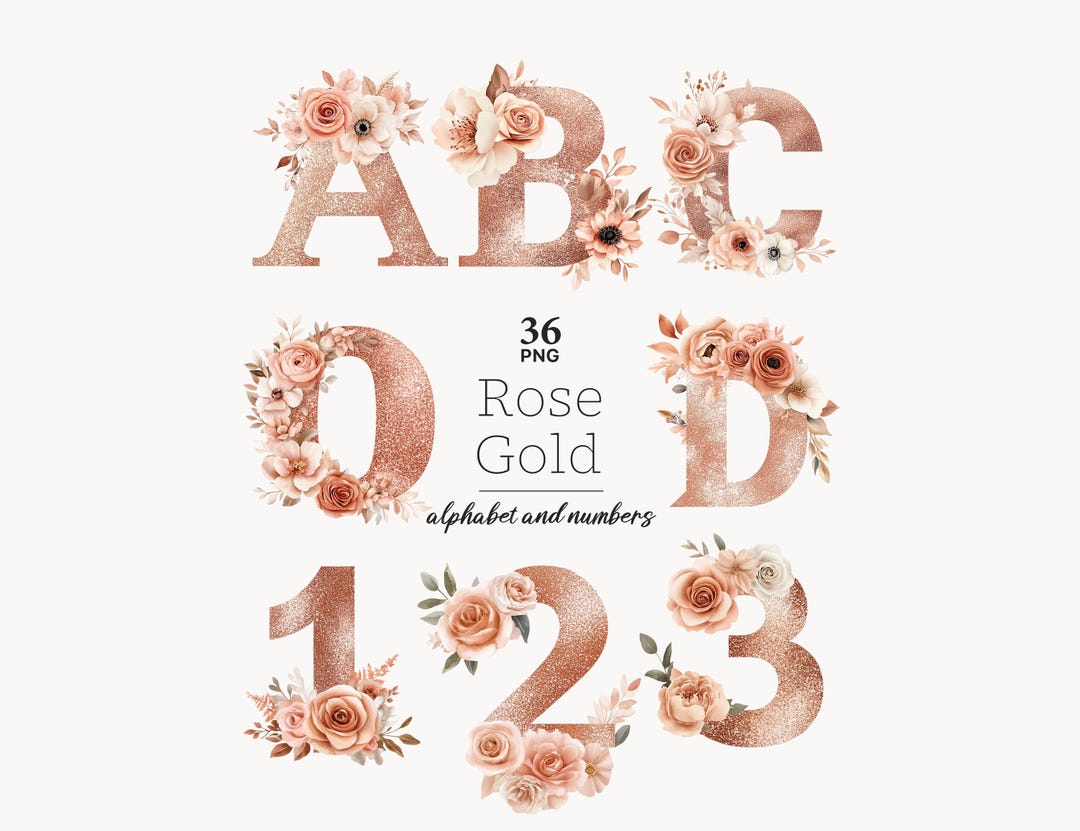 Rose Gold Alphabet Elegant Letters Pink Floral Printable for Wedding ...