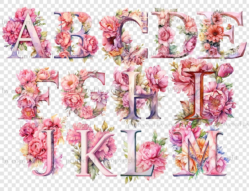 Pink Peonies Floral Alphabet Letters: Pink Flowers Font PNG Clipart ...