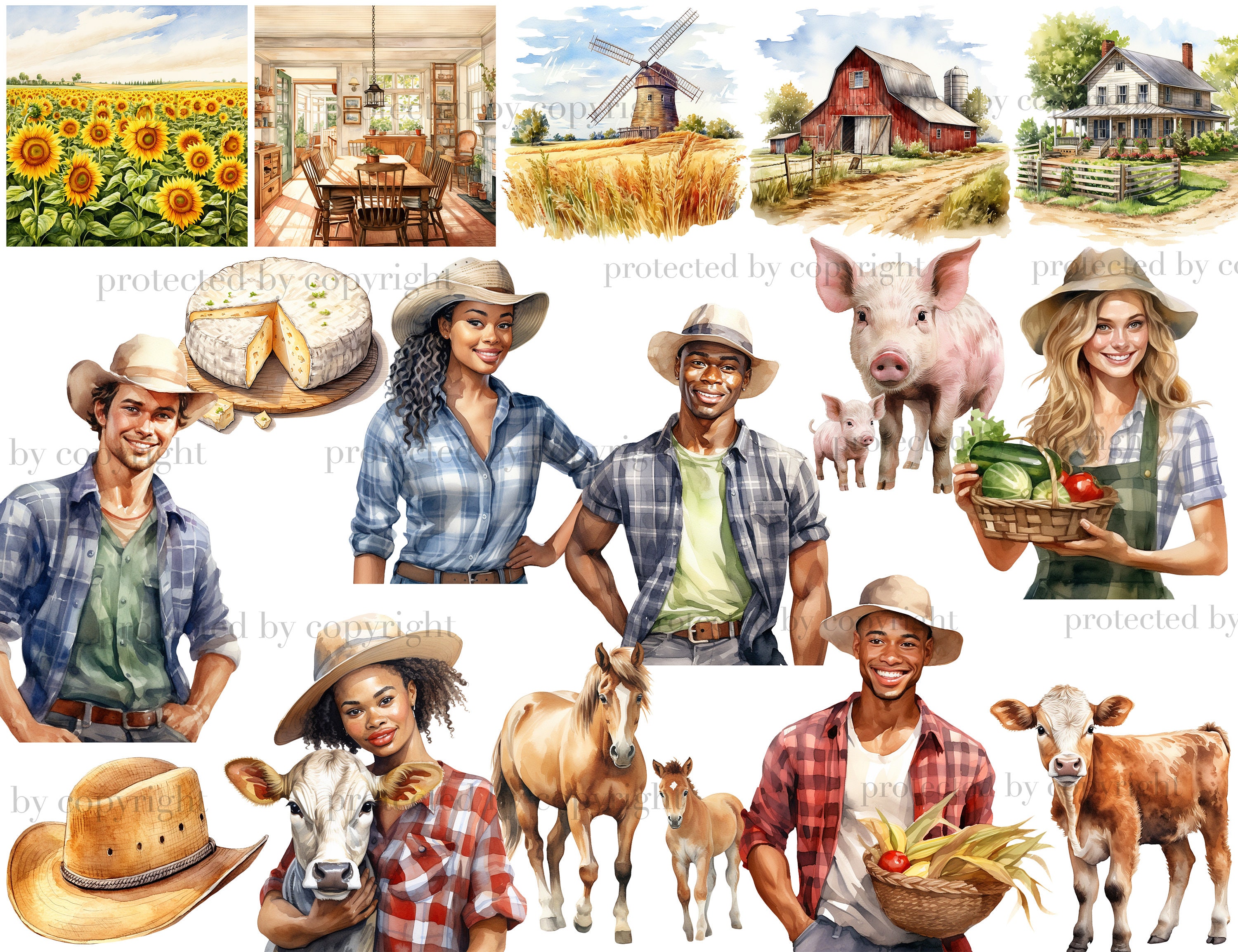 Farmer Girl Clipart: Farm Animals, Barn, Spring & Summer (PNG Files) - Etsy