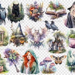 Fantasy Mystical Watercolor Clipart Bundle, Green Witchy Magic ...