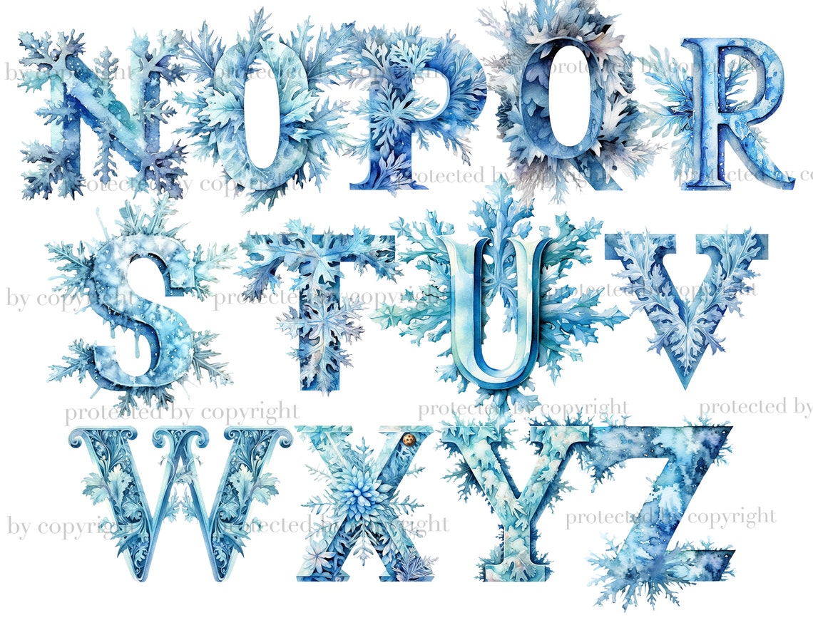 Winter Snowflake Alphabet Clipart: Blue Invitation Letters (PNG ...