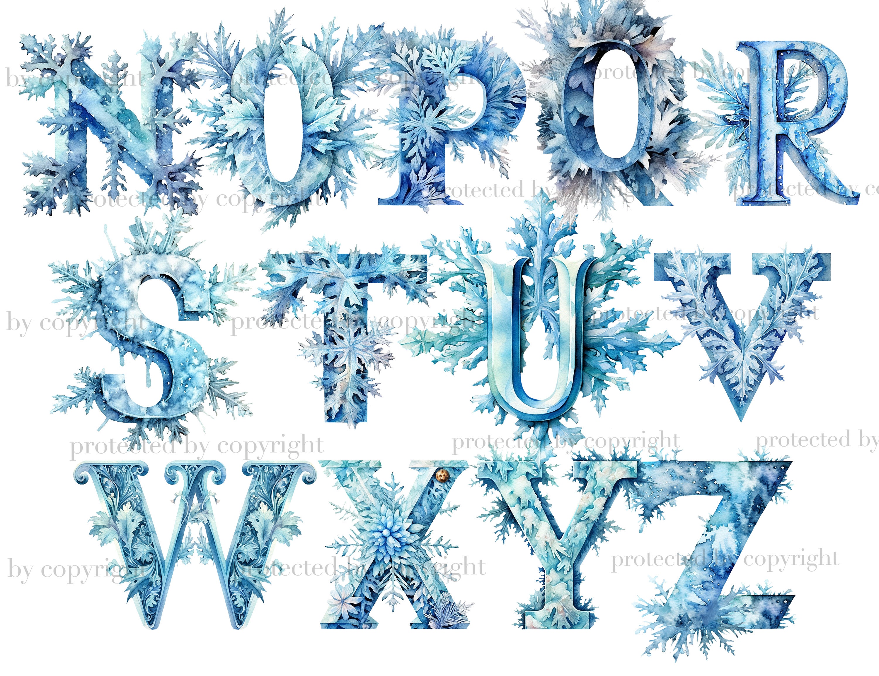Winter Snowflake Alphabet Clipart: Blue Invitation Letters (PNG ...