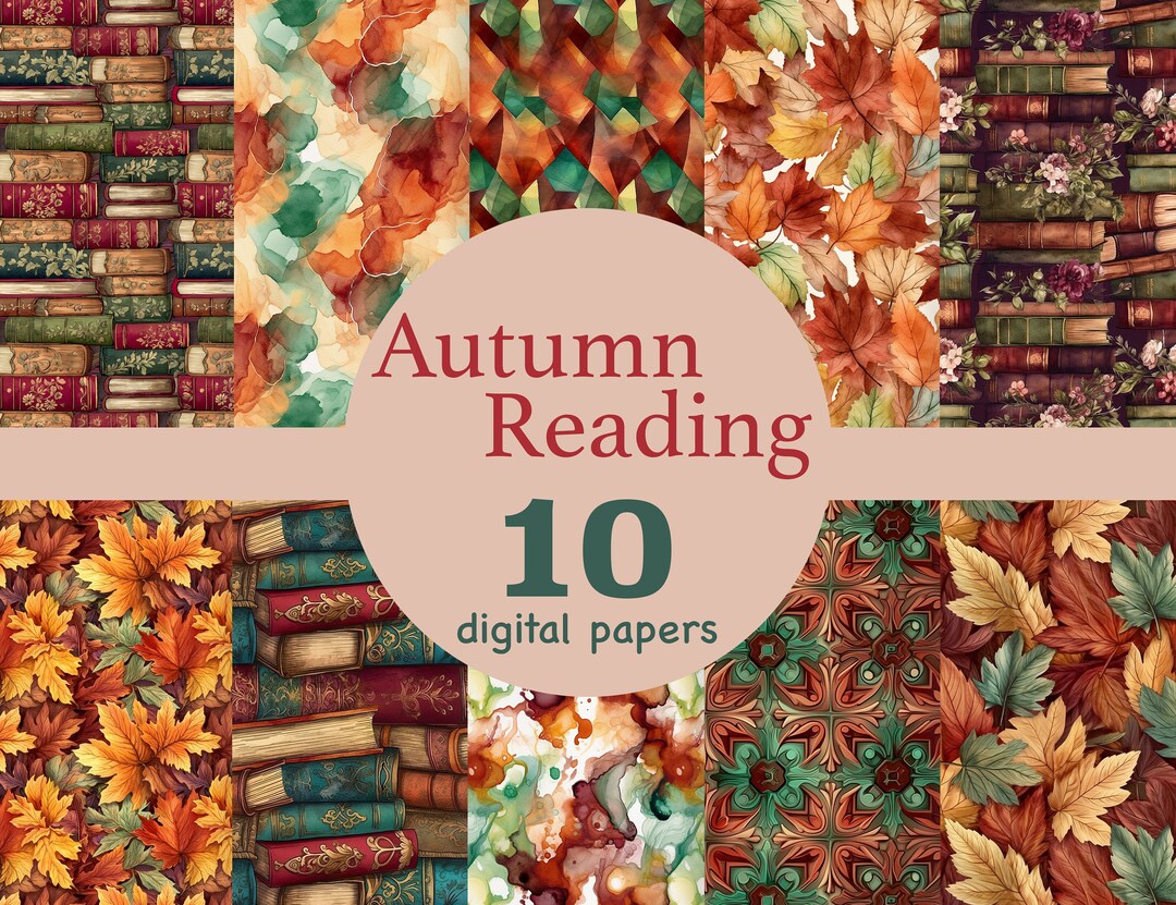 Autumn Reading Digital Papers, Watercolor Autumn Floral Seamless ...