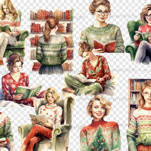 Christmas Girls Reading Clipart: Holiday Book Lover PNG Bundle (digital ...