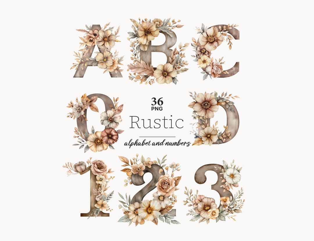 Rustic Alphabet Numbers Digital Brown Neutral Letters Floral Rustic ...