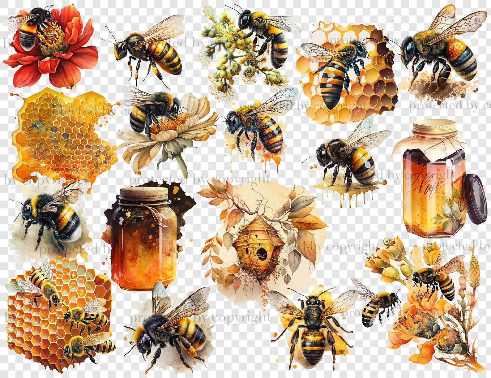 Honey Bee Clip Art Watercolor Bees Clipart Garden Bee and - Etsy