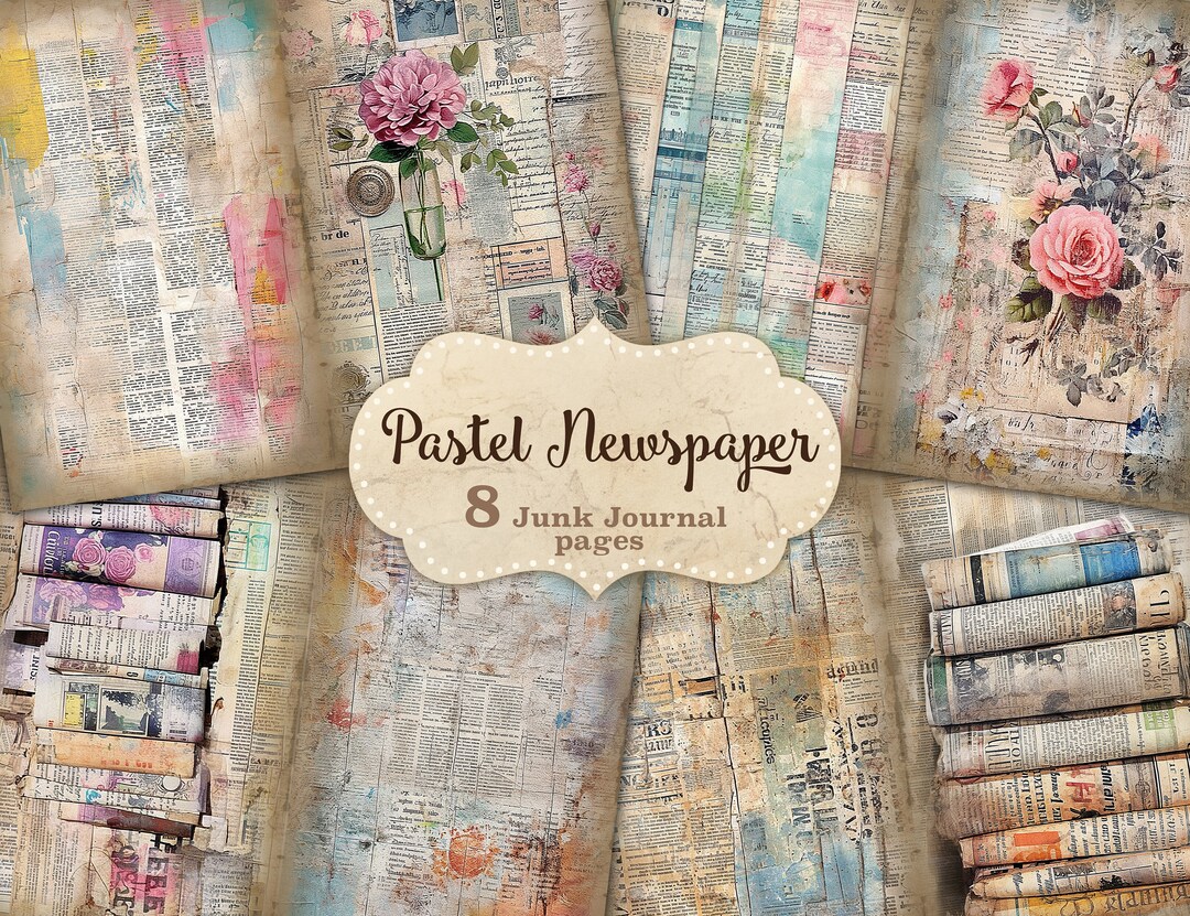 Newspaper Journal Card, Newspaper Junk Journal Pages, Pastel Junk ...