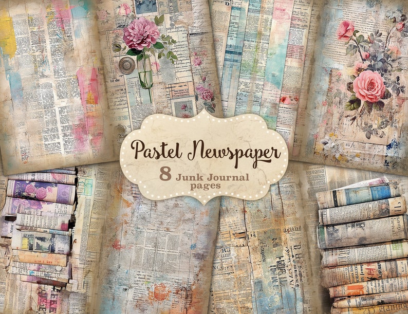 Pastel Newspaper Junk Journal Pages: Floral Collage (digital Download ...