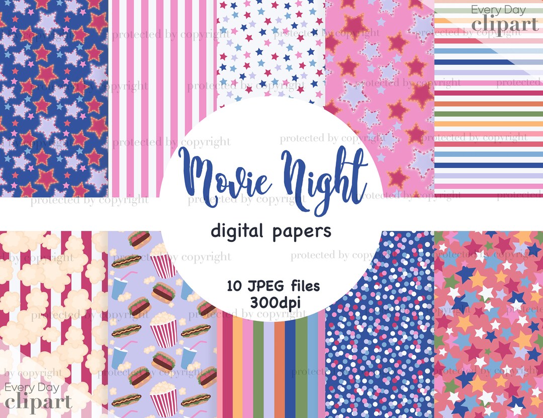 Movie Digital Paper, Weekend Digital Paper, Pajama Party Clipart, Movie ...
