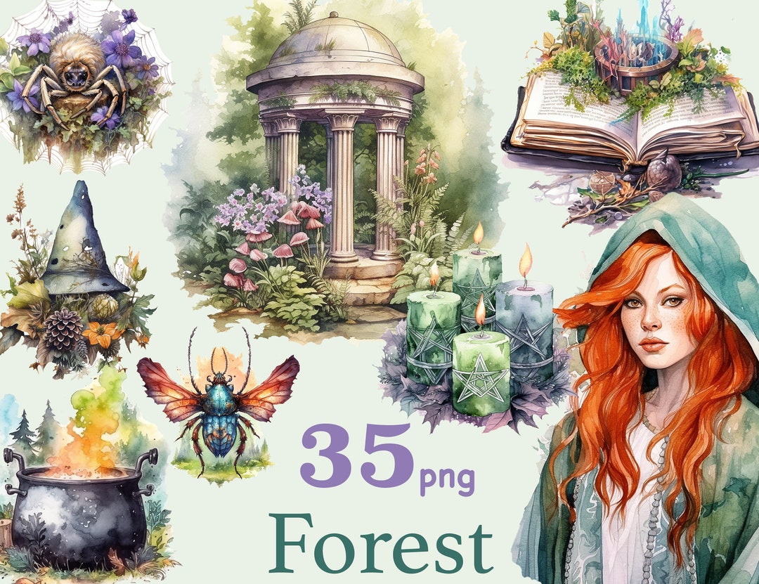 Fantasy Mystical Watercolor Clipart Bundle Green Witchy Magic - Etsy