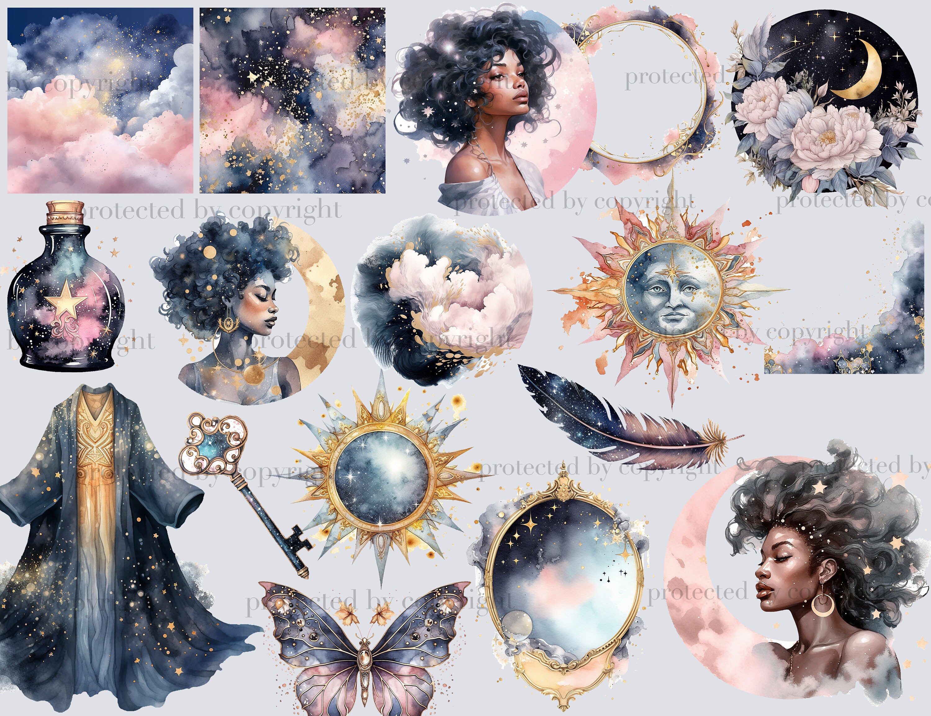 Celestial Moon Clipart Celestial Window Watercolor Clipart - Etsy