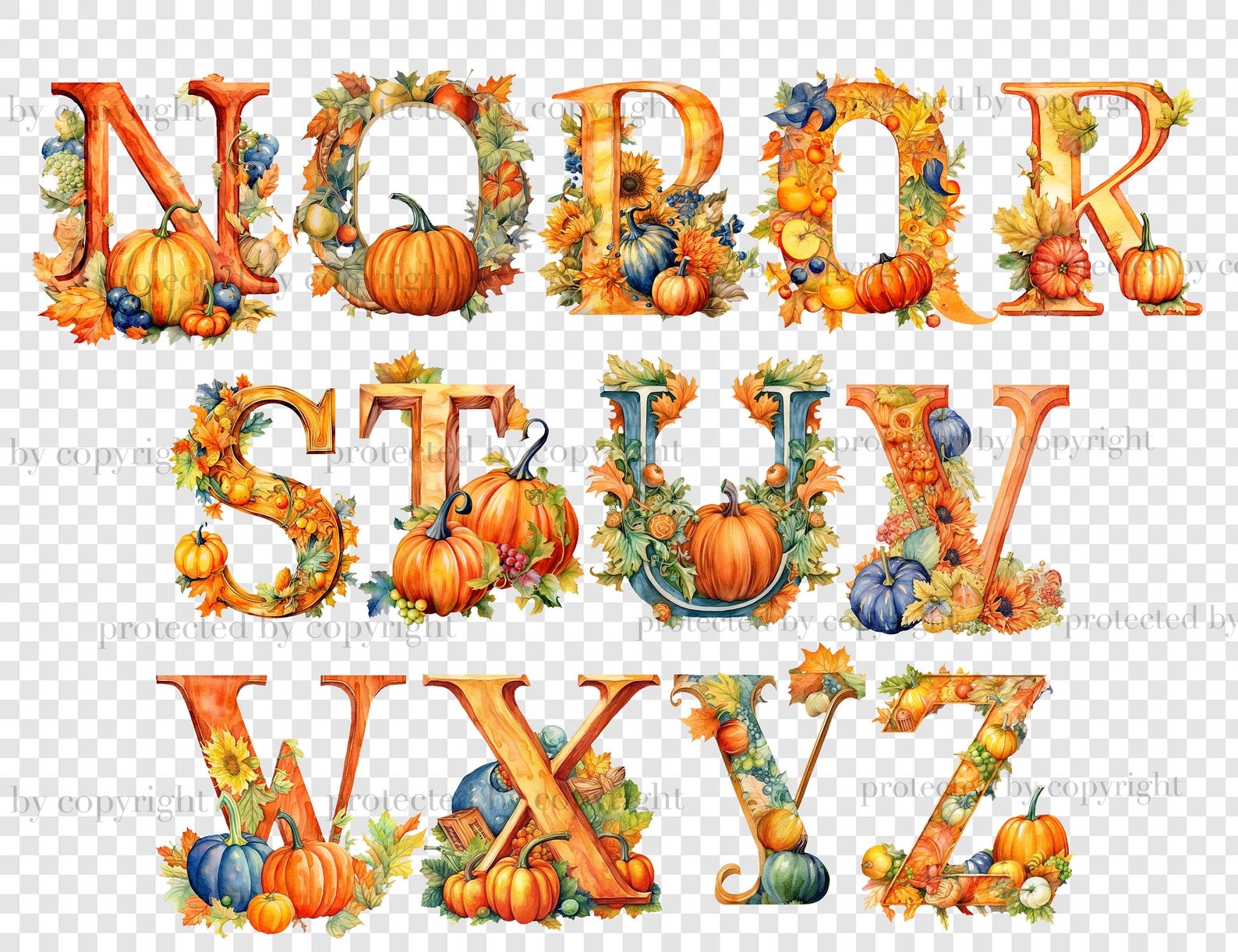 Pumpkin Alphabet Letters Clipart Png, Watercolor Floral Clip Art ...