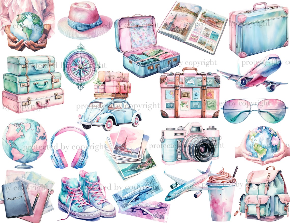 Travel Watercolor Clipart: Summer Vacation PNG (35 Files) - Etsy