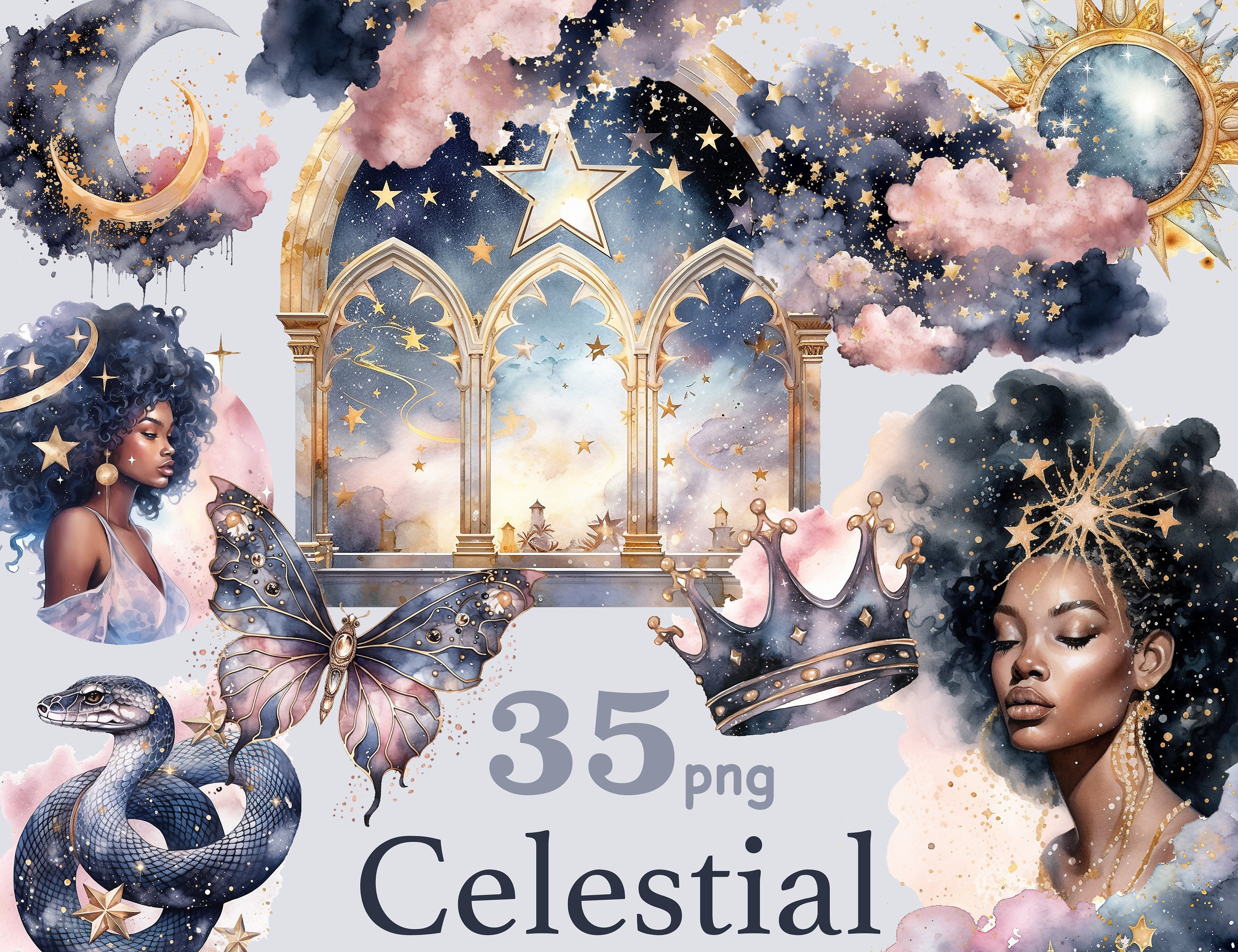 Celestial Moon Clipart Celestial Window Watercolor Clipart - Etsy