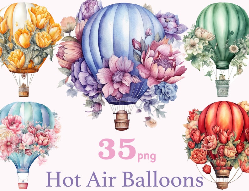 Floral Hot Air Balloons Clipart Nursery Art Card Making Png - Etsy