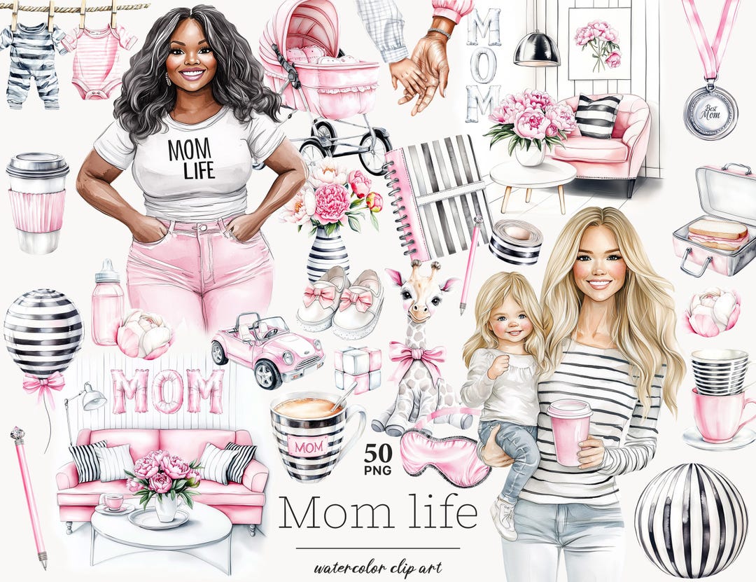 Mom and Baby Clip Art Watercolor Pink Mother’s Day PNG Mom Life Clip ...