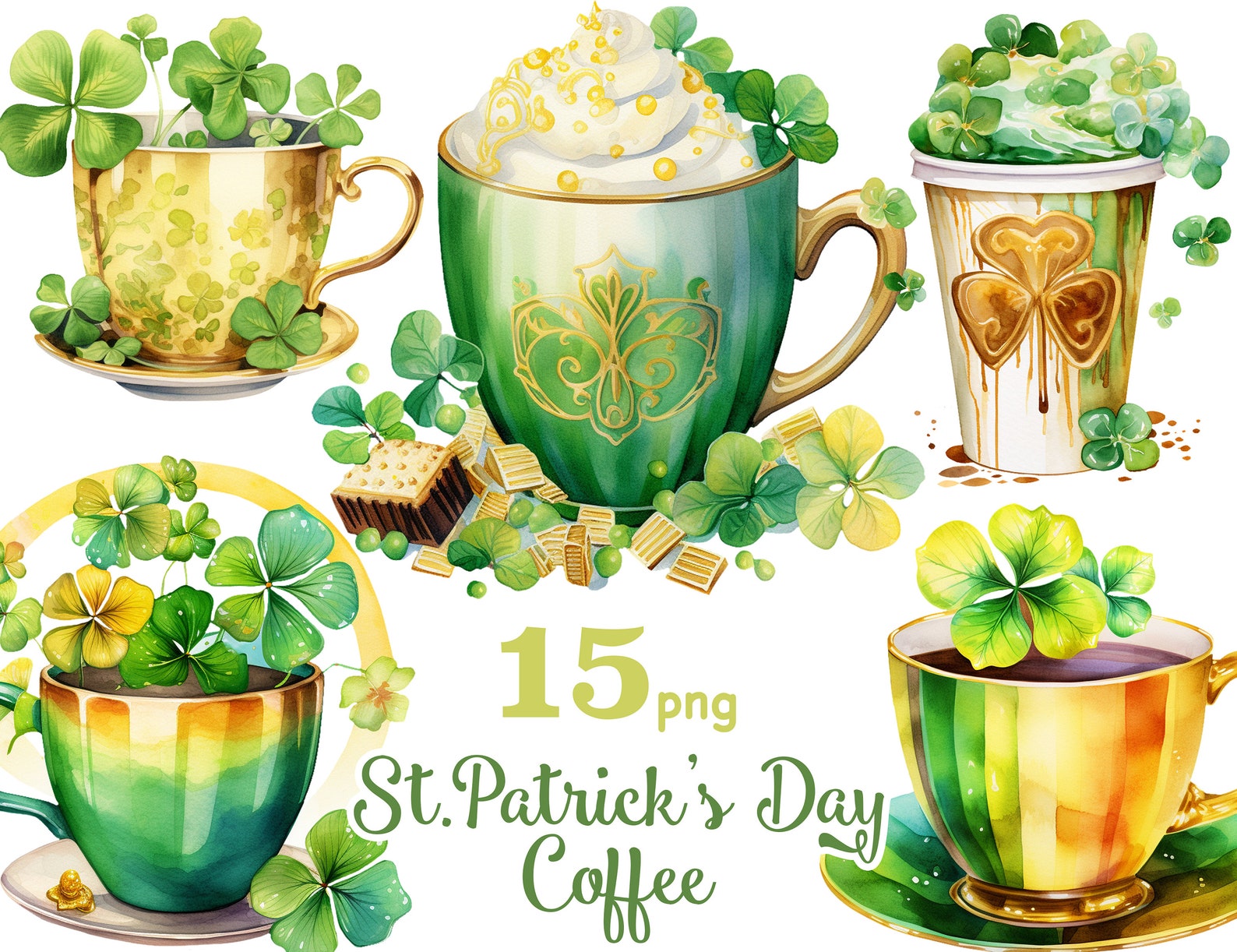 St. Patrick's Day Coffee Clipart: Lucky Shamrock PNG (digital Download ...