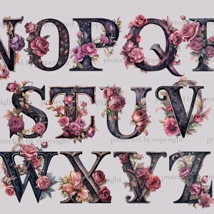 Gothic Floral Alphabet: Watercolor Dark Roses Letters Clipart (PNG) - Etsy