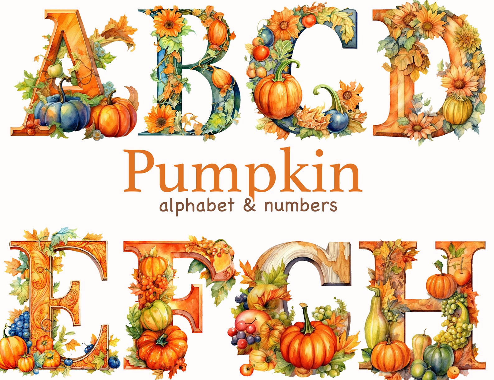 Pumpkin Alphabet Letters Clipart Png, Watercolor Floral Clip Art ...