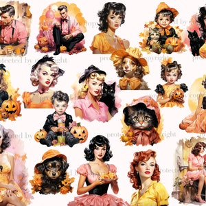 Watercolor Retro Halloween Clipart, Halloween Clipart Commercial Use ...