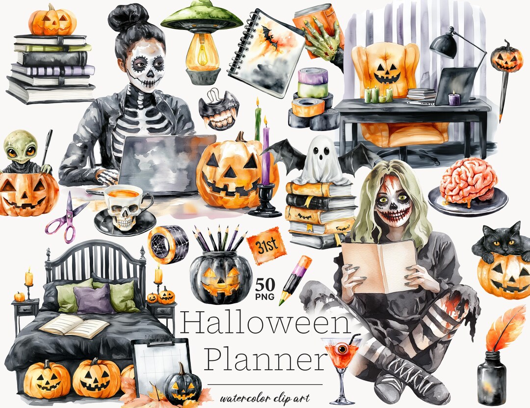 Spooky Halloween Planner Clipart: Autumn Journaling Stickers (PNG ...