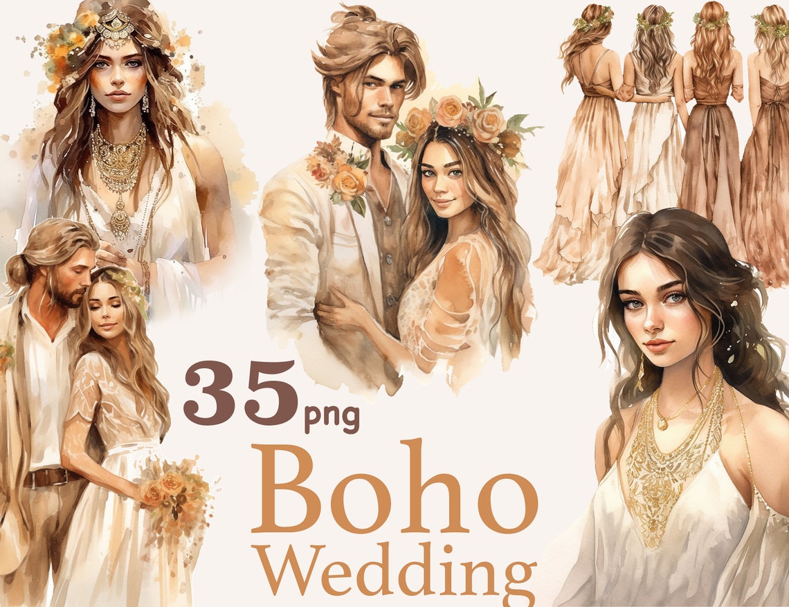Boho Bride and Groom Watercolor Clipart Bundle Wedding Couple - Etsy
