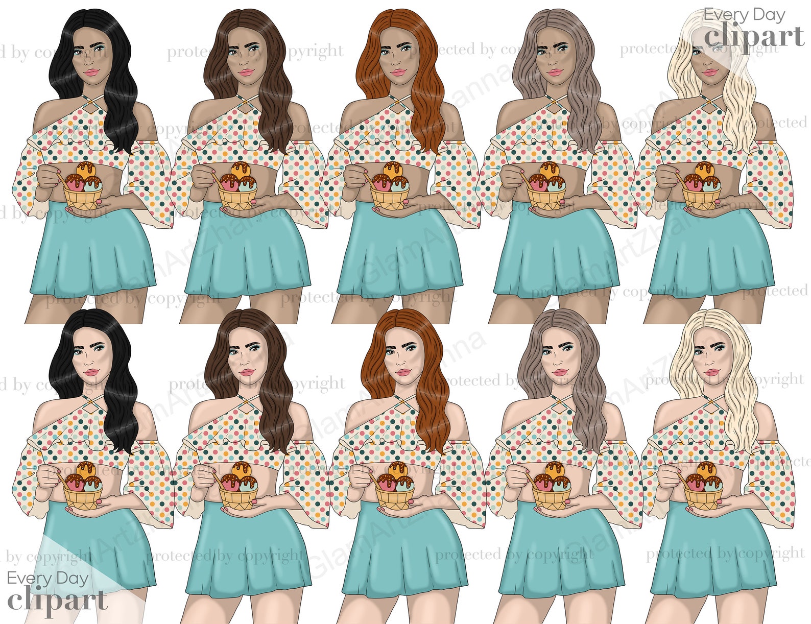 Retro Ice Cream Girl Clipart Retro Summer Woman Clipart for - Etsy